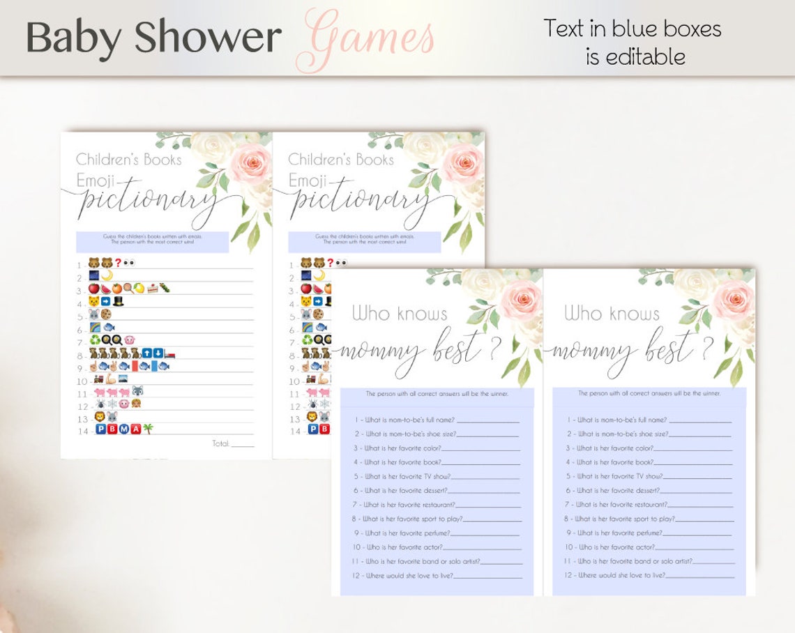Baby Shower Games, White Pink Baby Shower, Baby Shower Games Bundle ...