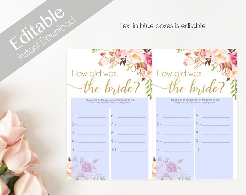 Bridal Shower Game How Old Was the Bride Editable PDF Bridal Shower ...