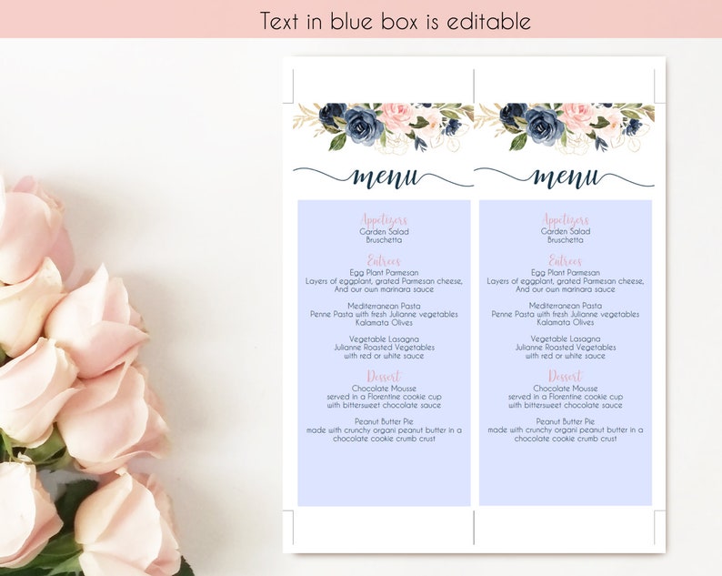 Editable Menu Bridal Shower, Party Menu, Printable Menu, Dusty Rose ...