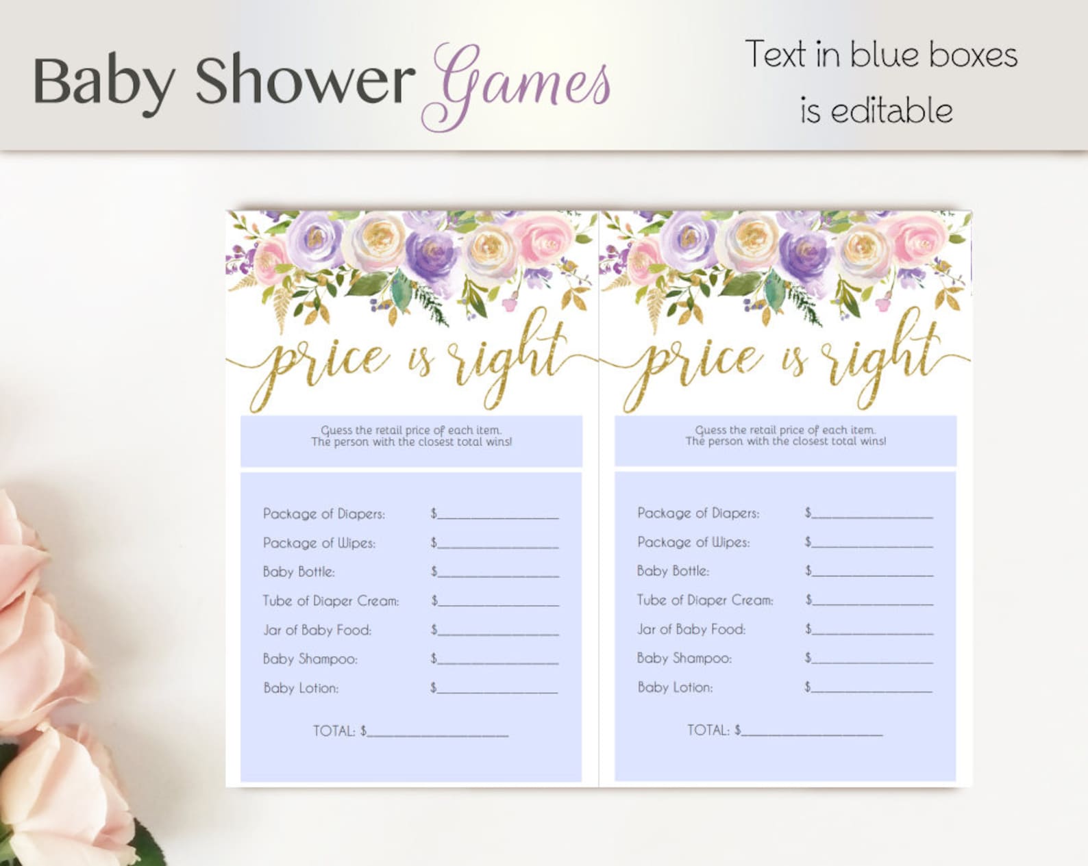 Baby Shower Games Purple Gold Lilac, Editable Baby Shower Game Package ...