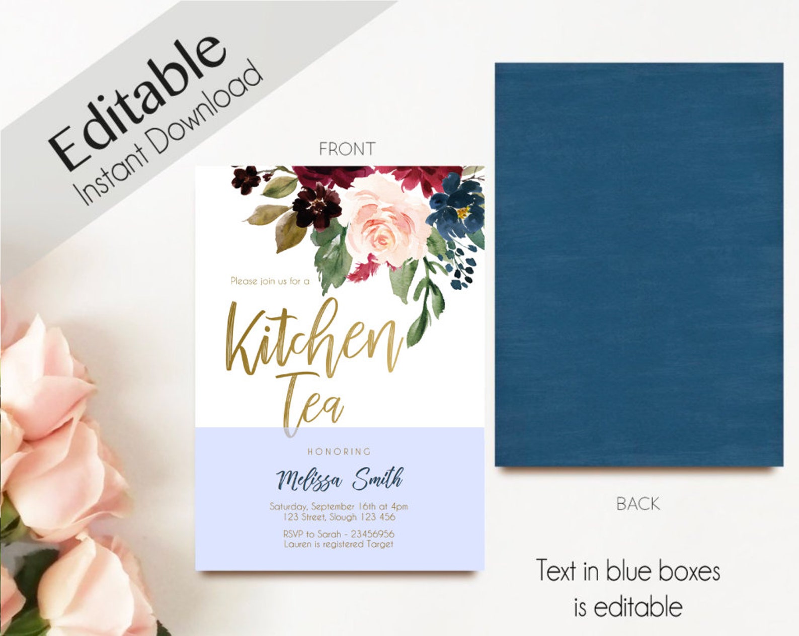 Kitchen Tea Invitation Editable PDF Bridal Shower Blue Navy | Etsy