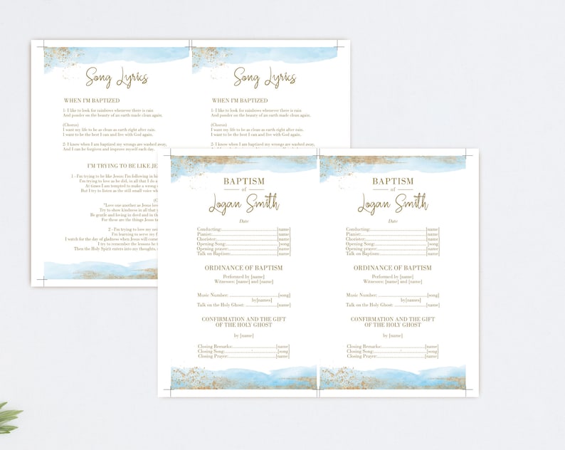 LDS Baptism Program, Boy Baptism Program, Gold Blue Program, Editable ...