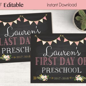 First Day of School / Last Day of School Chalkboard, PDF Editable, Pink ...