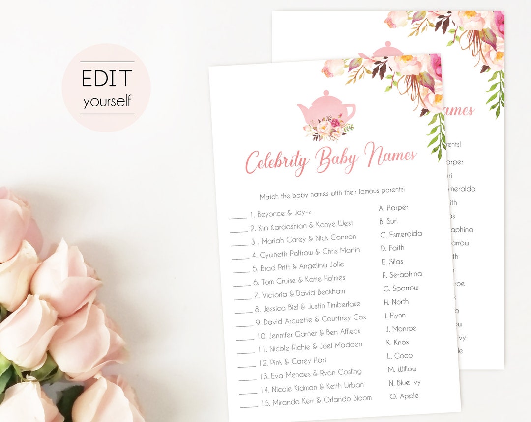 Editable Celebrity Baby Names Game, Baby Shower Game, Baby Tea Game ...