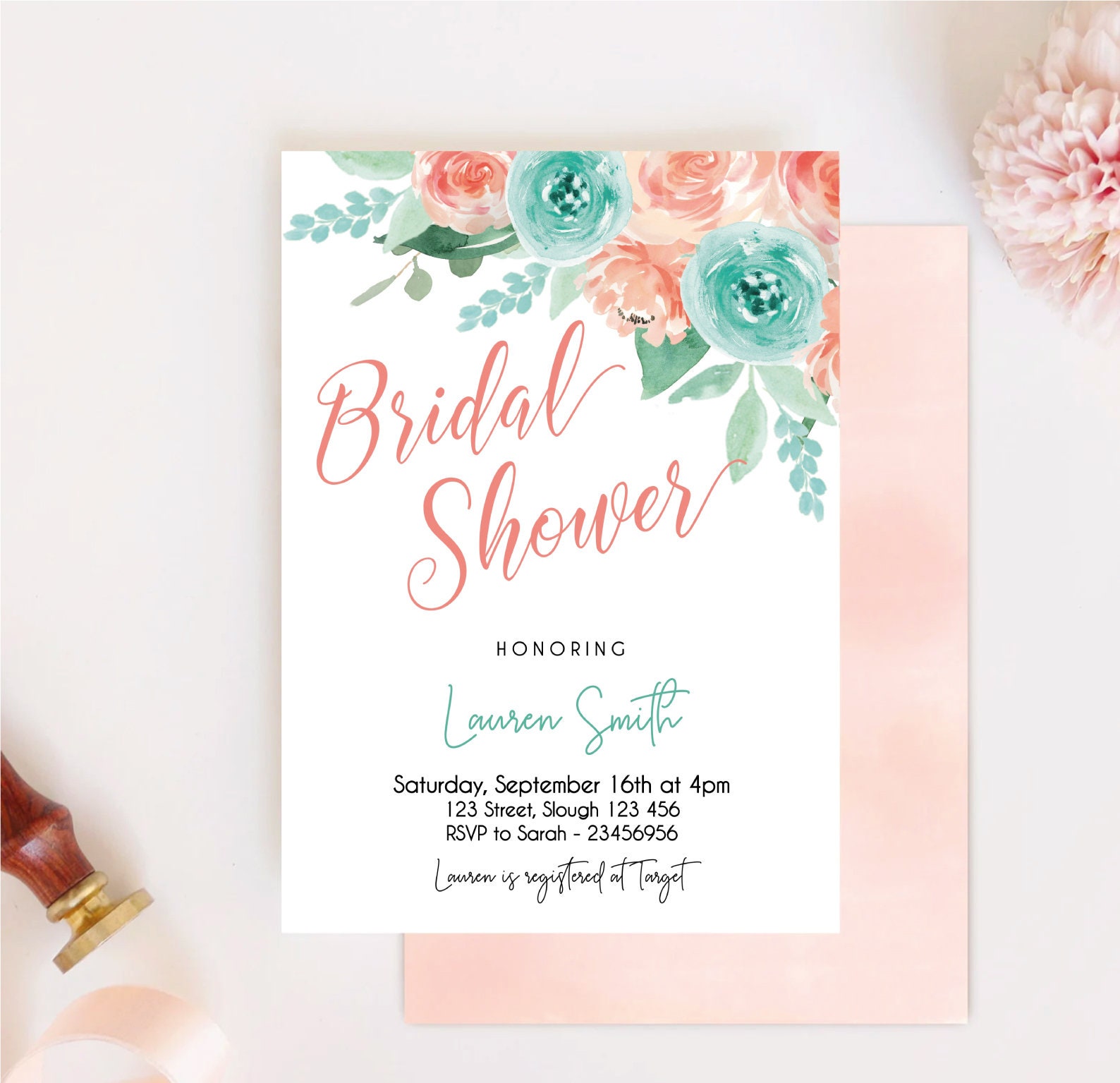 Editable Bridal Shower Invitation, Bridal Shower Printable, Coral ...