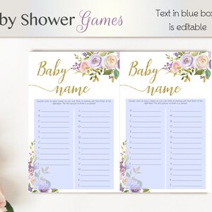 Baby Shower Games Purple Gold Lilac, Editable Baby Shower Game Package ...