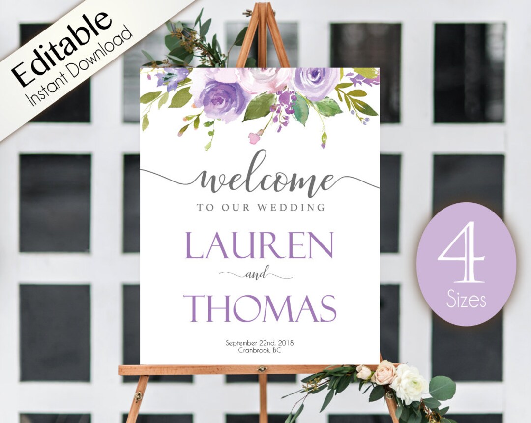 Welcome Sign Wedding Lilac Purple Flowers Editable Printable Welcome ...