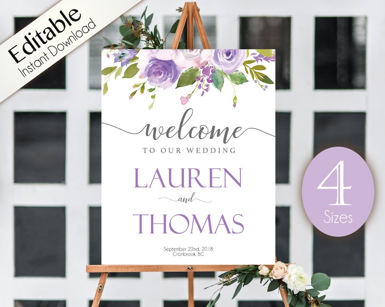 Welcome Sign Wedding Lilac Purple Flowers Editable Printable - Etsy