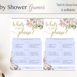 Baby Shower Games Purple Gold Lilac, Editable Baby Shower Game Package ...