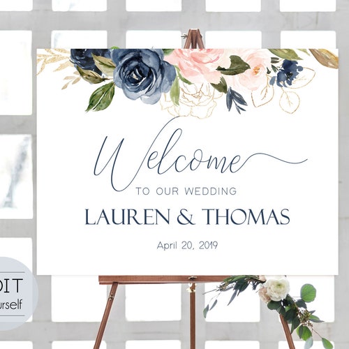 Navy and Blush Wedding Welcome Sign Template Blue and Pink | Etsy
