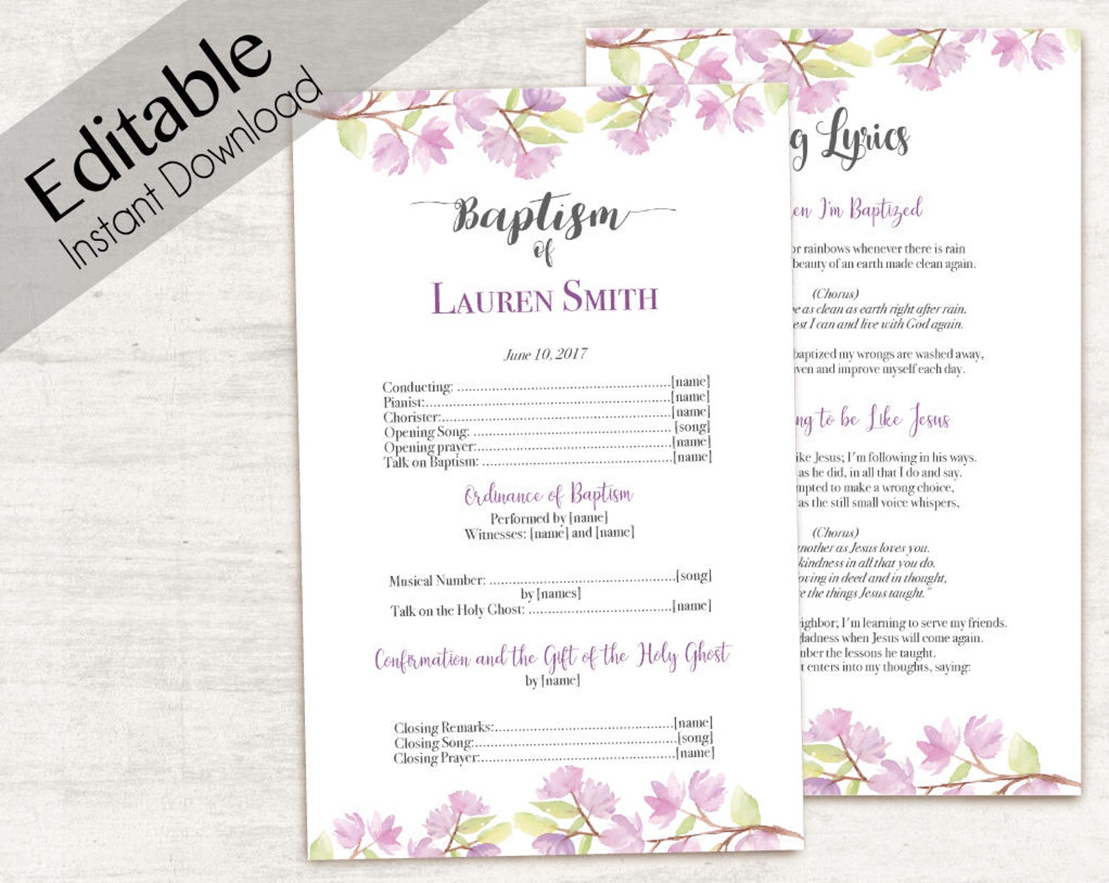 Baptism Program, Editable PDF, Printable Digital Handout Girl Baptism ...