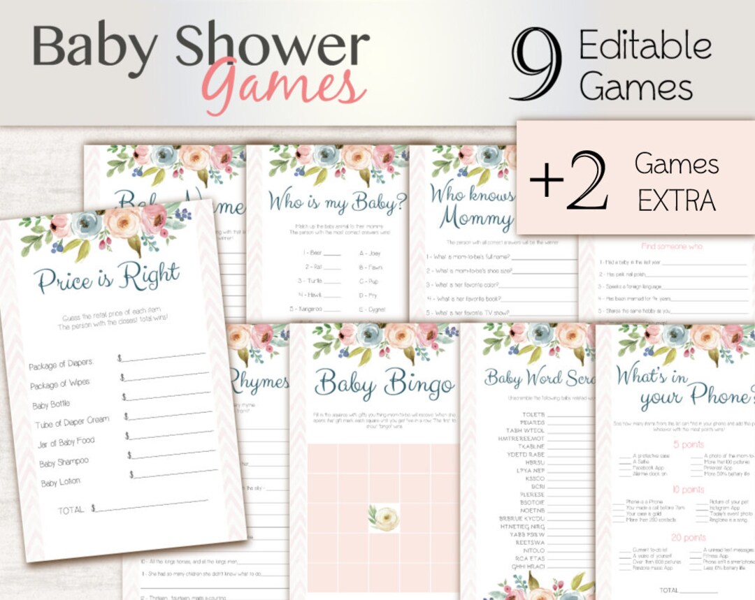 Baby Shower Games Pink, Floral, Editable Baby Shower Games Package Set ...