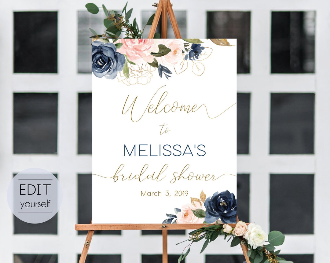 Welcome Sign Bridal Shower Template, Editable PDF, Editable Navy Gold ...