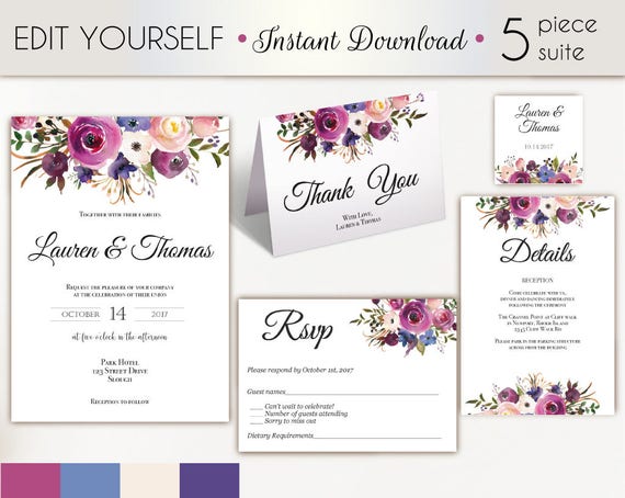 Wedding Invitation Template Wedding Invitation Set Lavender | Etsy