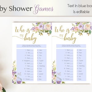 Baby Shower Games Purple Gold Lilac, Editable Baby Shower Game Package ...