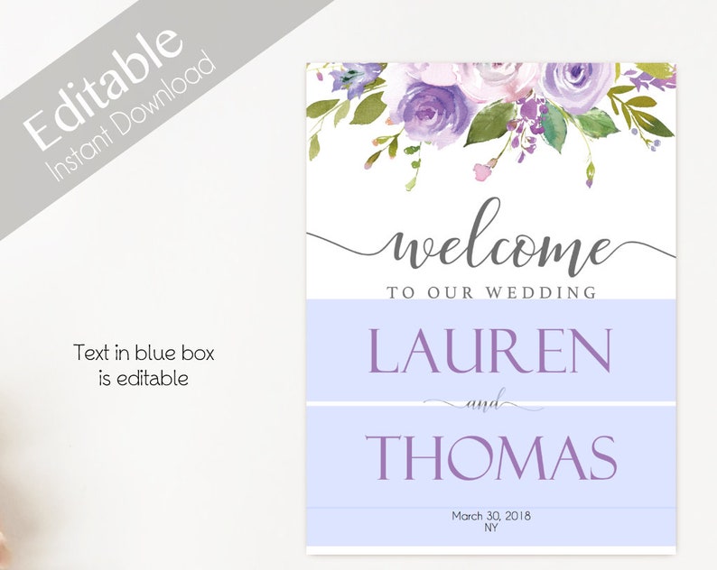 Welcome Sign Wedding Lilac Purple Flowers Editable Printable - Etsy