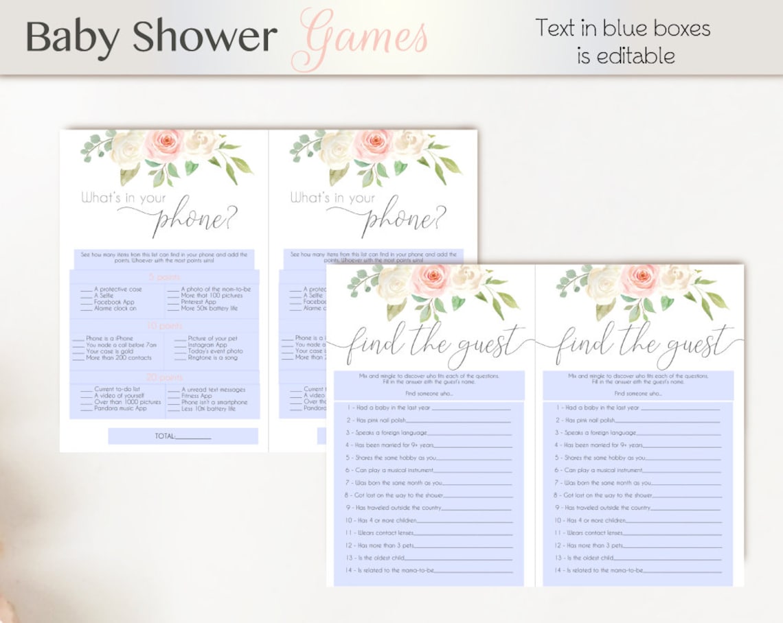 Baby Shower Games, White Pink Baby Shower, Baby Shower Games Bundle ...