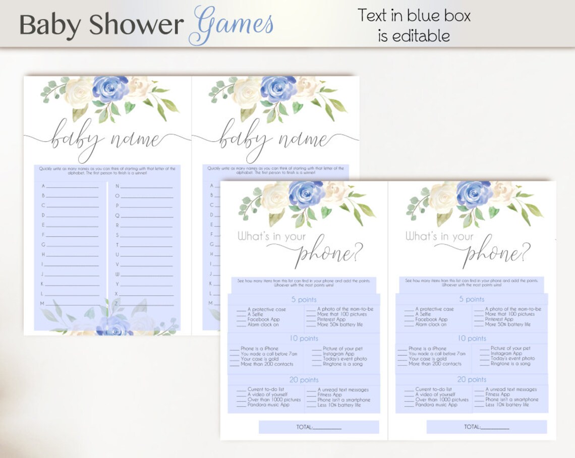 Baby Shower Games, White Blue, Editable Baby Shower Games Package Set ...