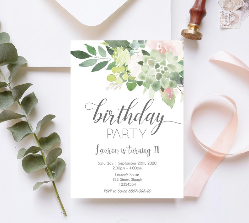 Succulent Birthday Party Invitation Editable Succulent Dusty - Etsy