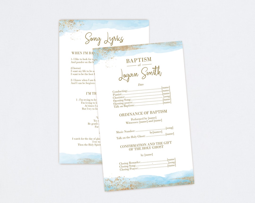 LDS Baptism Program, Boy Baptism Program, Gold Blue Program, Editable ...