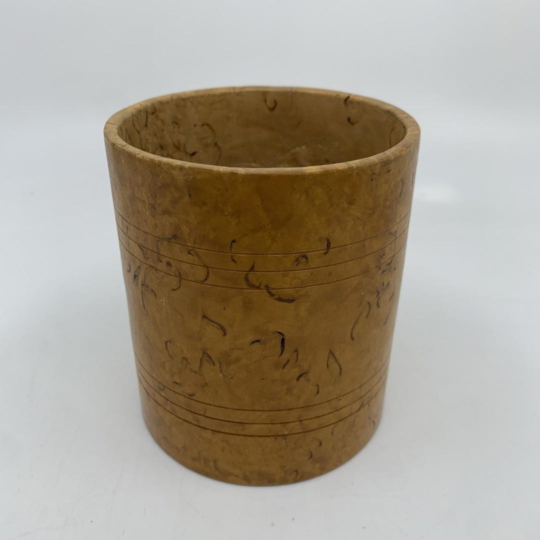 Vintage Burl Wood Treenware Cup Beaker 4” Tall Turned Wooden Desk Brush ...