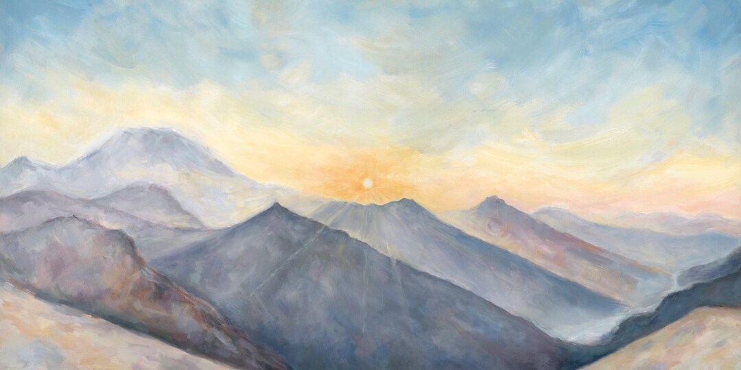 Mountain Sunset Oil Painting Fine Art Print Landscape Panorama Cascade ...