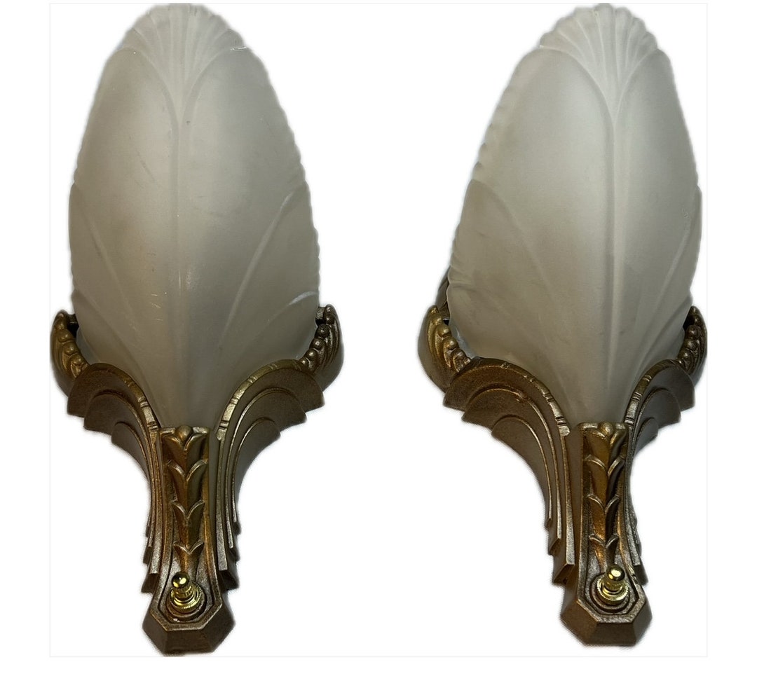 Pair of Batwing Slip Shade Wall Sconces With Frosted Glass. (priced and ...