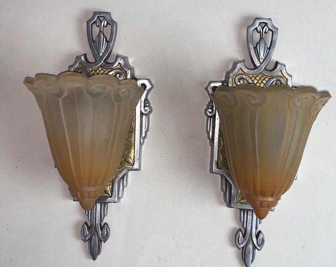 Pair of Lincoln "fleur De Lis" Slip Shade Sconces. Art Deco. Priced and ...