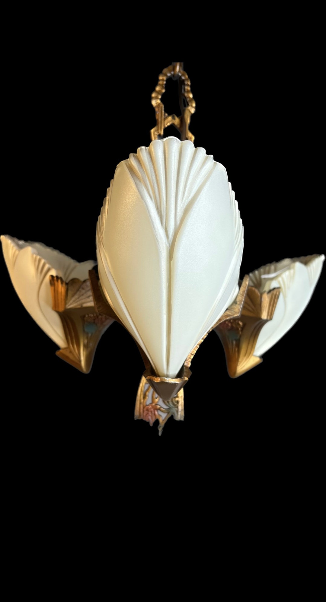 Vintage 3 Light Batwing Slip Shade Chandelier, Restored Original Finish ...