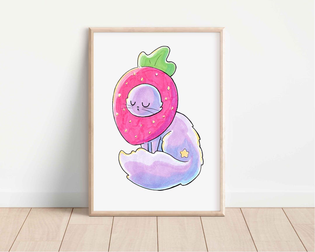 Cat Strawberry Print - Strawberry Hemy Print - Cat Illustration - Fruit ...
