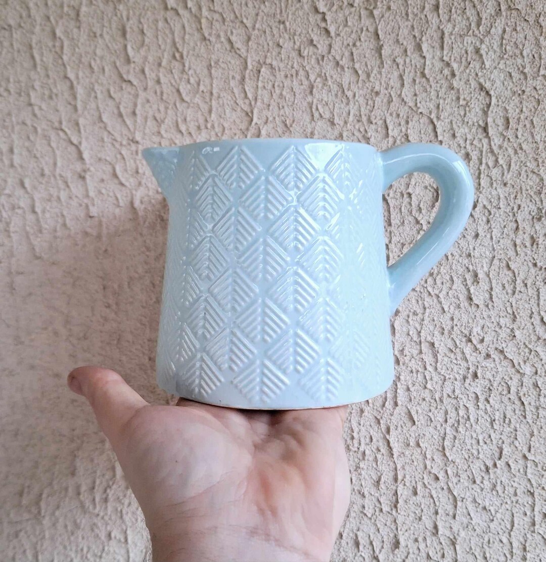 Vintage Blue Ceramic Pitcher With Geometric Leaf Pattern – Farmhouse ...