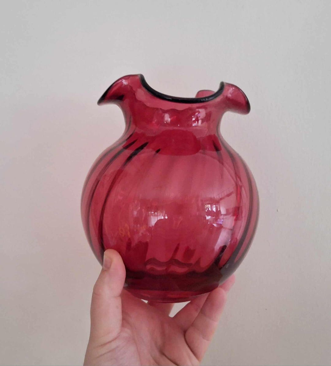 Vintage Ruby Red Hand-blown Glass Vase, Swirl Pattern, Ruffled Rim ...