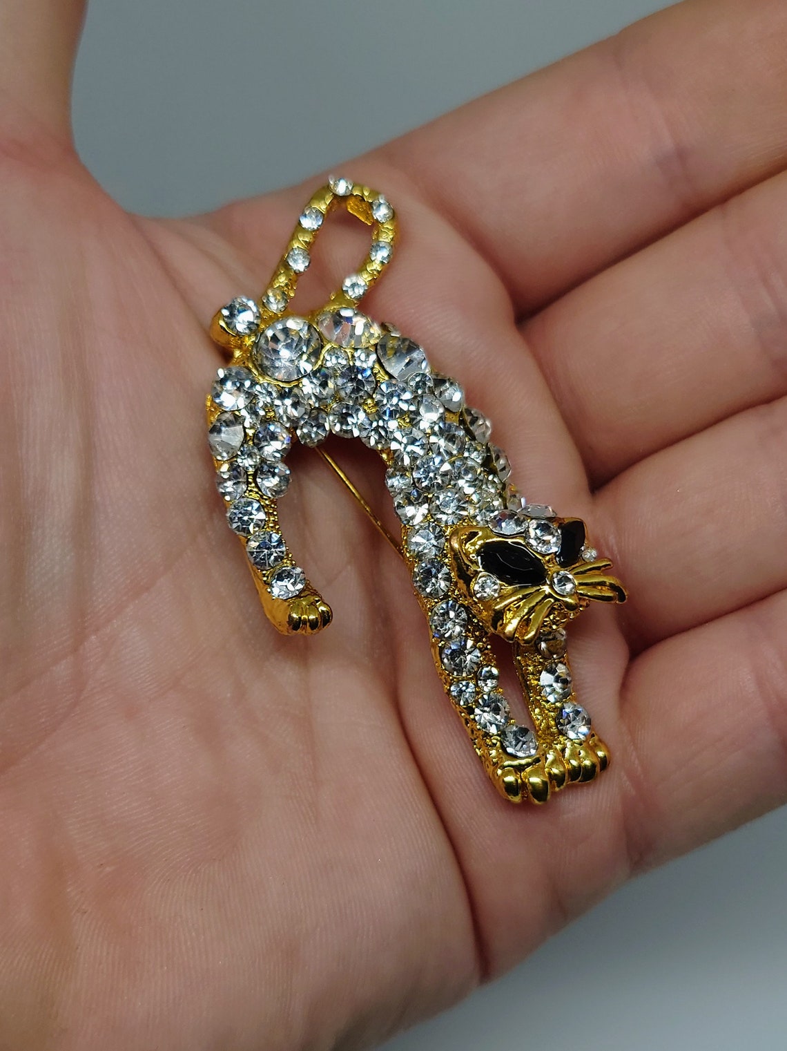 Vintage Cat Brooch Diamonte Rhinestone Cat Pin Halloween Costume ...