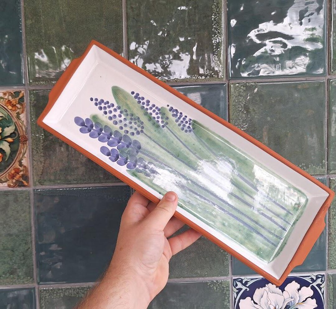 Hand-painted Terracotta Rectangular Ceramic Serving Tray – Floral ...