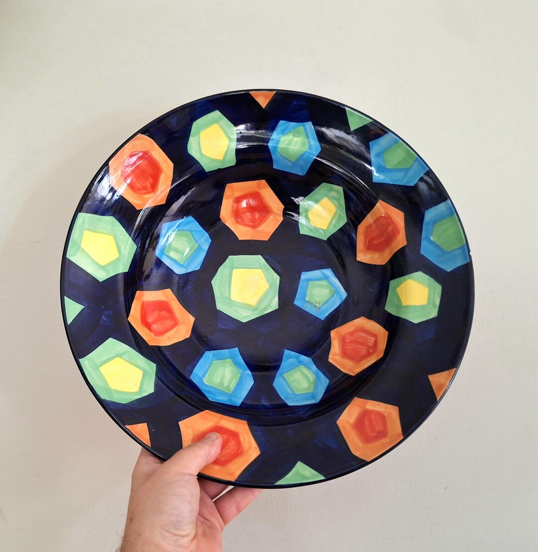 Vibrant Hand-painted Large Ceramic Bowl – Geometric Design Fruit Bowl ...