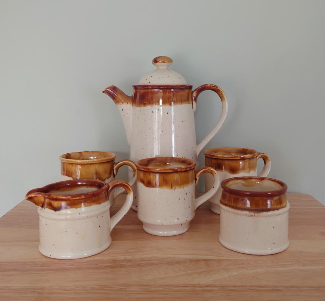 Vintage Coffee Pot Retro Brown Set Milk Jug, Sugar Bowl 1970's Ceramic ...