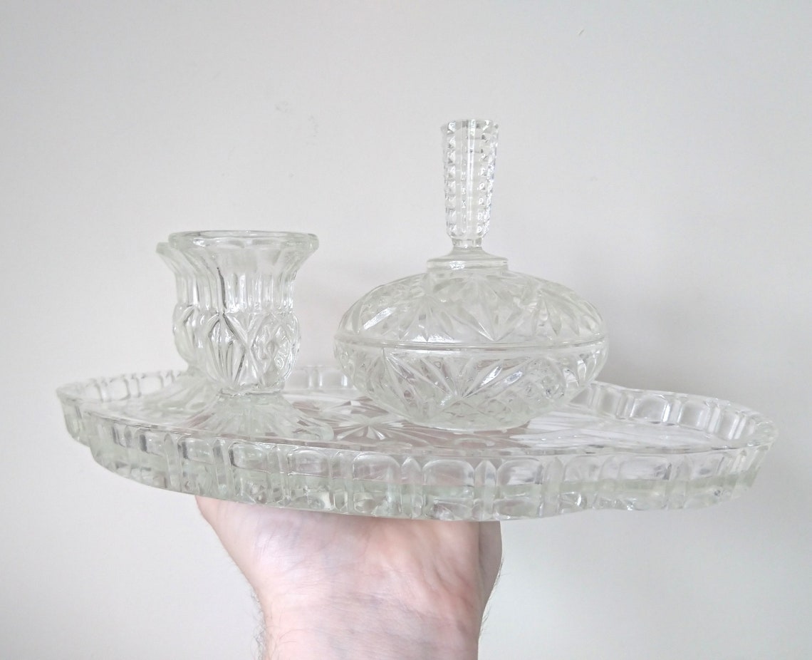 Art Deco Glass Dressing Table Set Crystal Clear Dish Candle - Etsy