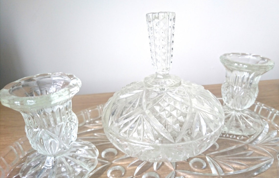 Art Deco Glass Dressing Table Set Crystal Clear Dish Candle | Etsy