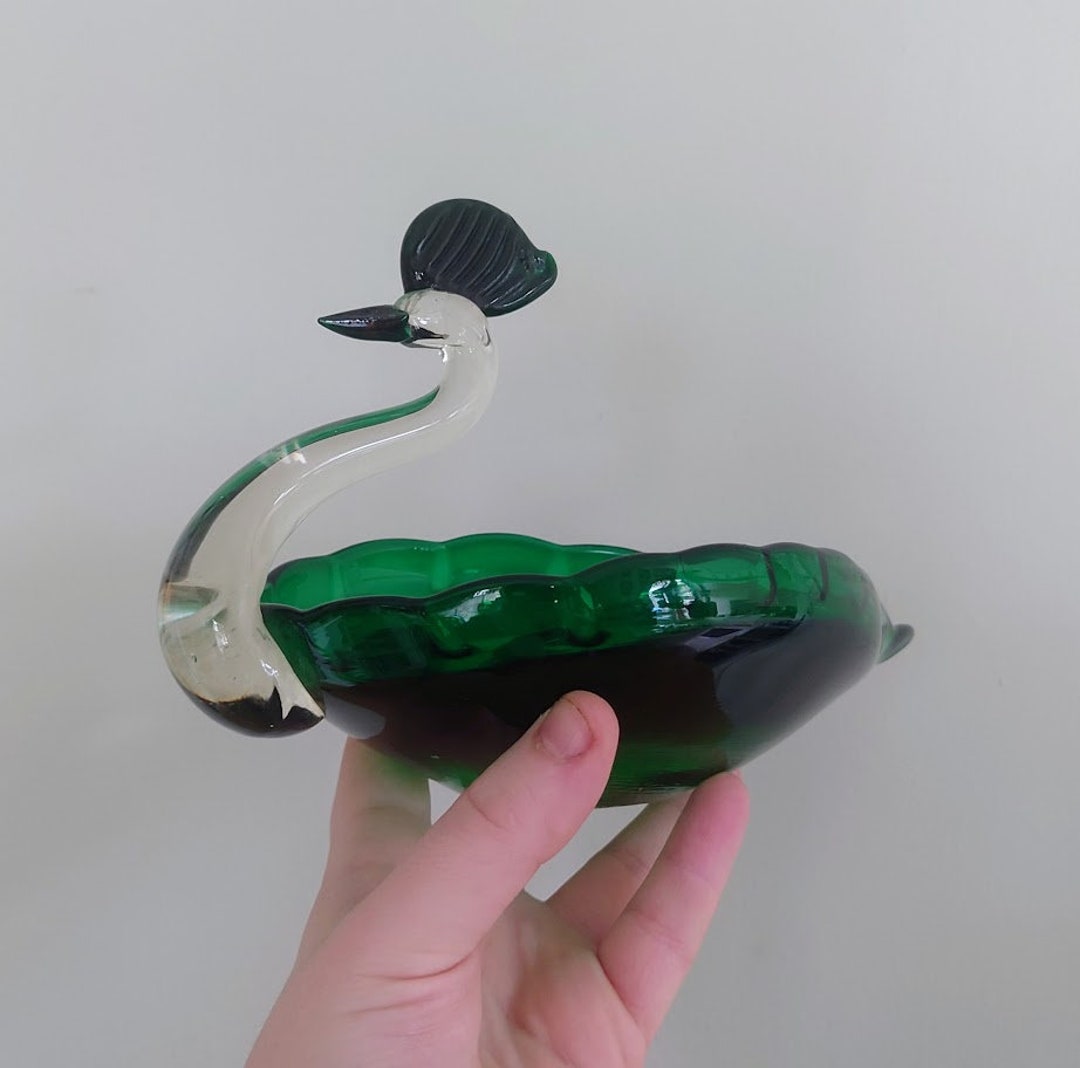 Vintage Glass Swan Dish Green Murano Style Blue Swan Dish Bowl Retro ...