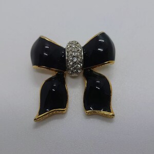 Ribbon Pin Vintage Pin Gold and Black Bow Brooch Pin Rhinestone Diamond ...