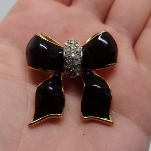 Ribbon Pin Vintage Pin Gold and Black Bow Brooch Pin Rhinestone Diamond ...