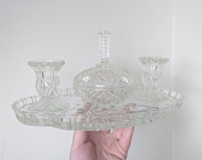 Art Deco Glass Dressing Table Set Crystal Clear Dish, Candle Holders ...