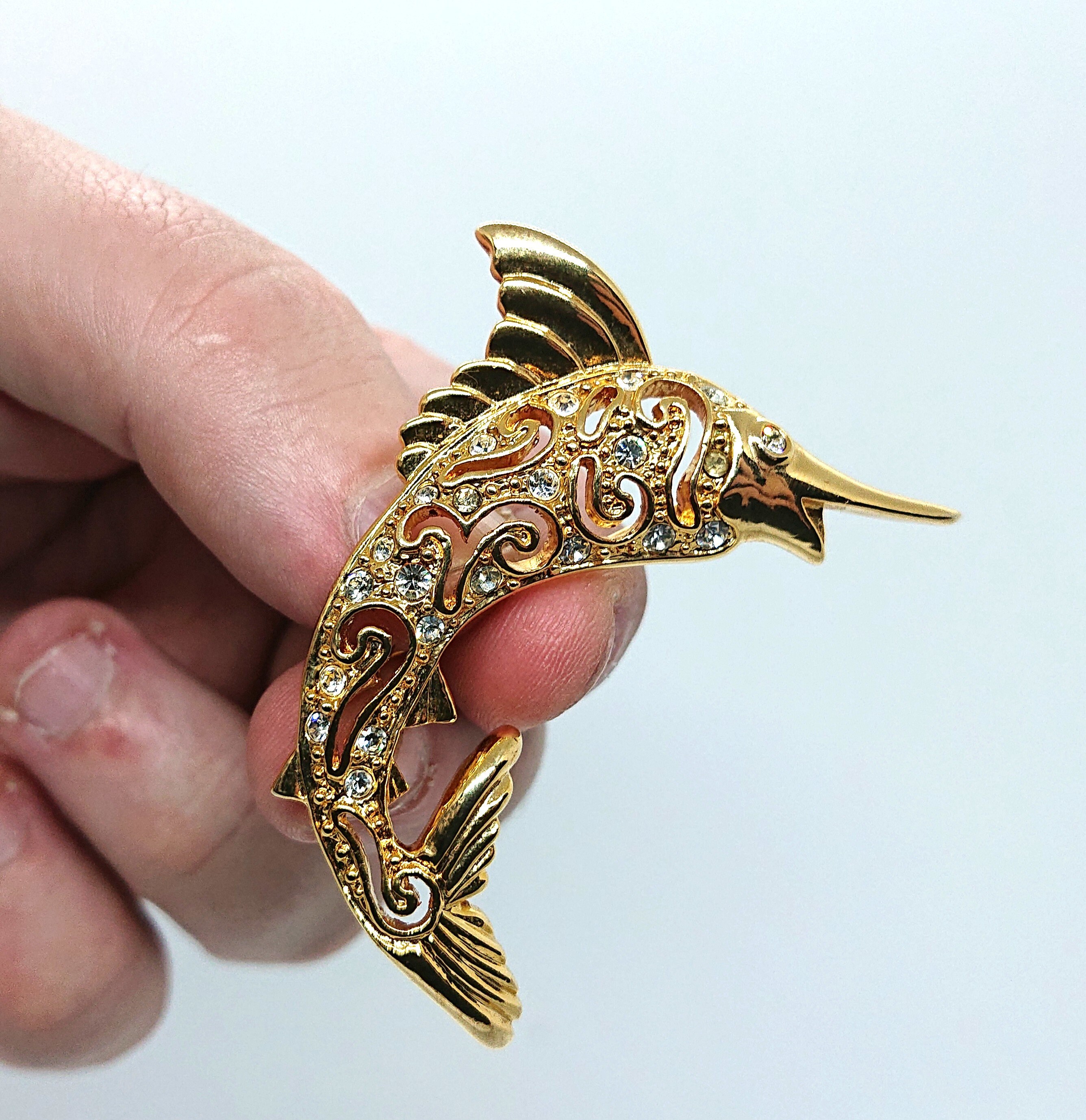 Vintage Swordfish Brooch Gold Tone Metal Diamond Rhinestone | Etsy