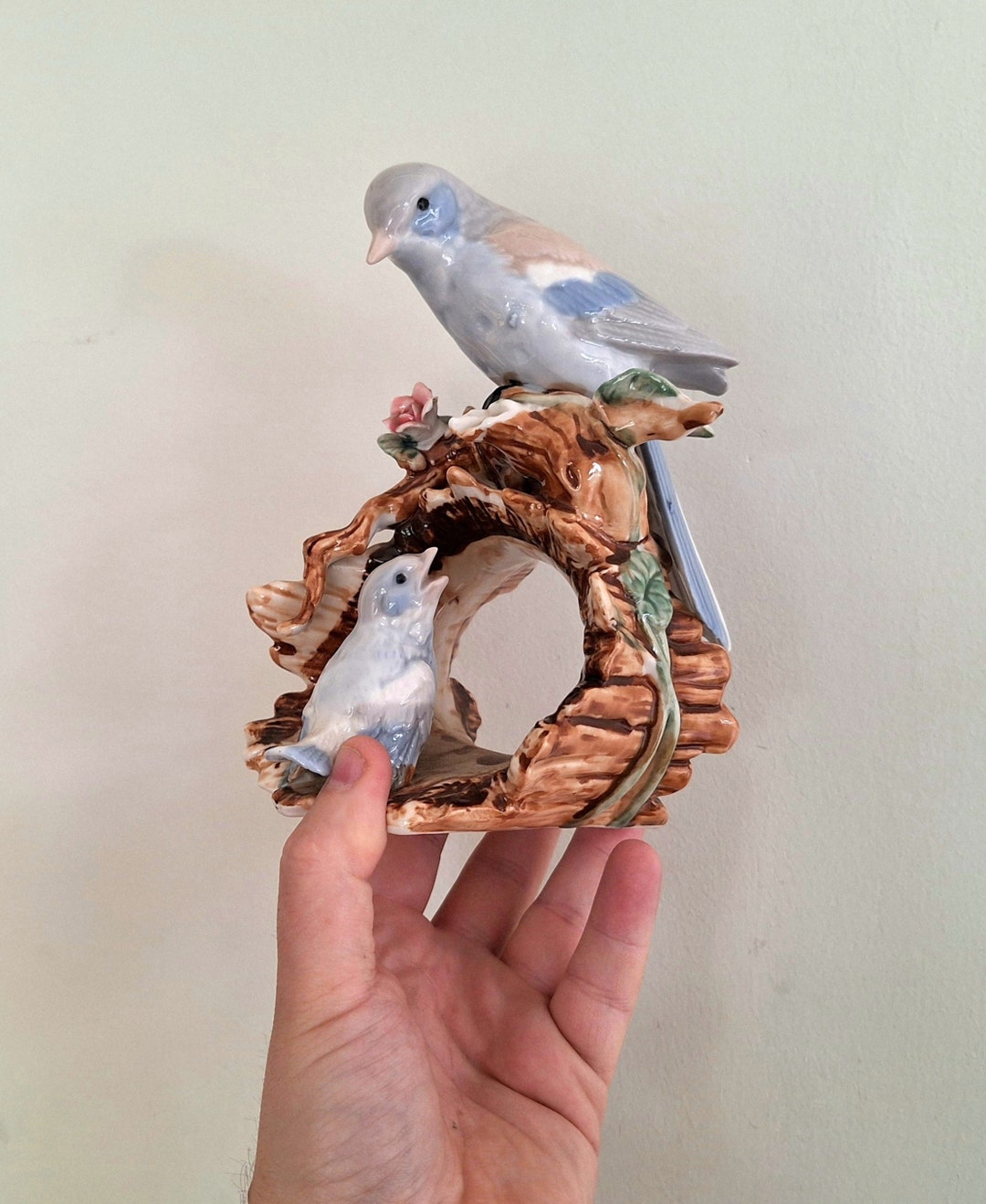 Vintage Bird Figurine on Log Collectable Birds Porcelain Birds Mother ...