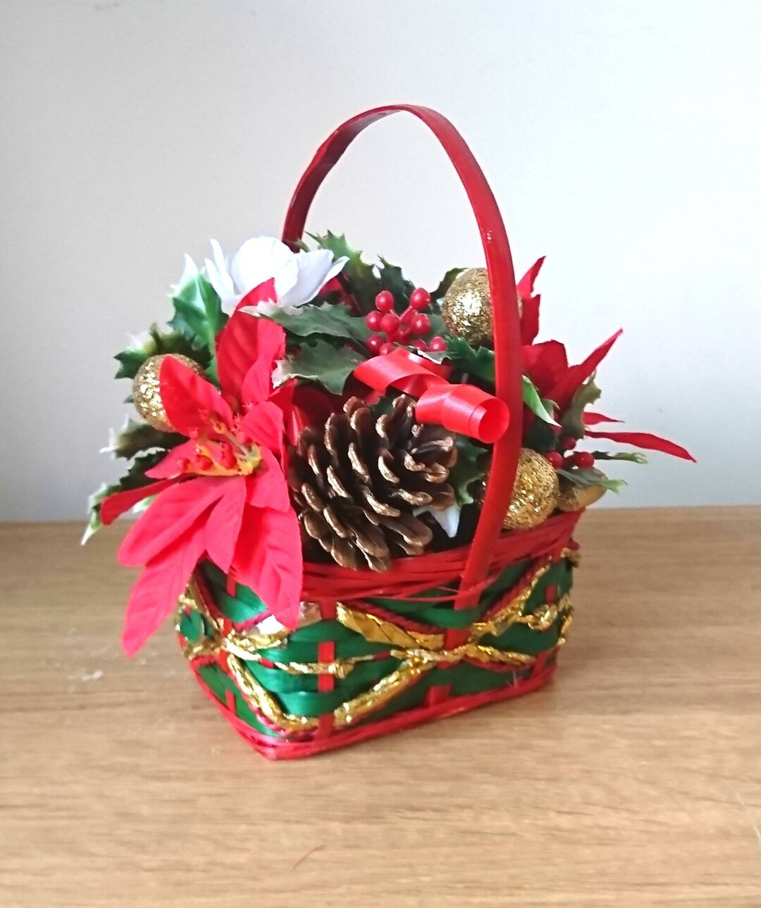 Vintage Christmas Floral Poinsettia Basket Arrangement - Etsy UK