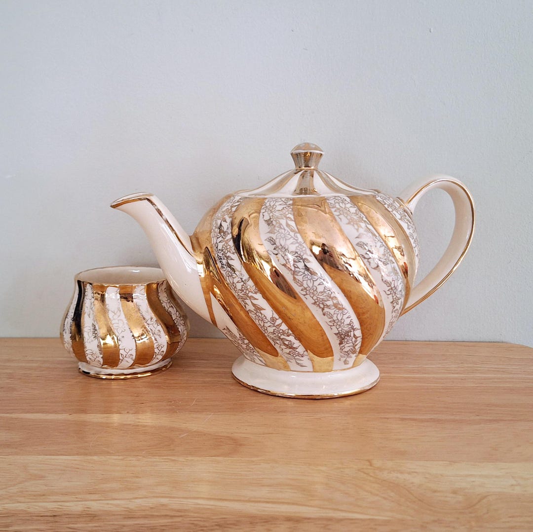 Antique 1930s Gold Swirl Tea Set – Vintage Porcelain Teapot and Sugar ...