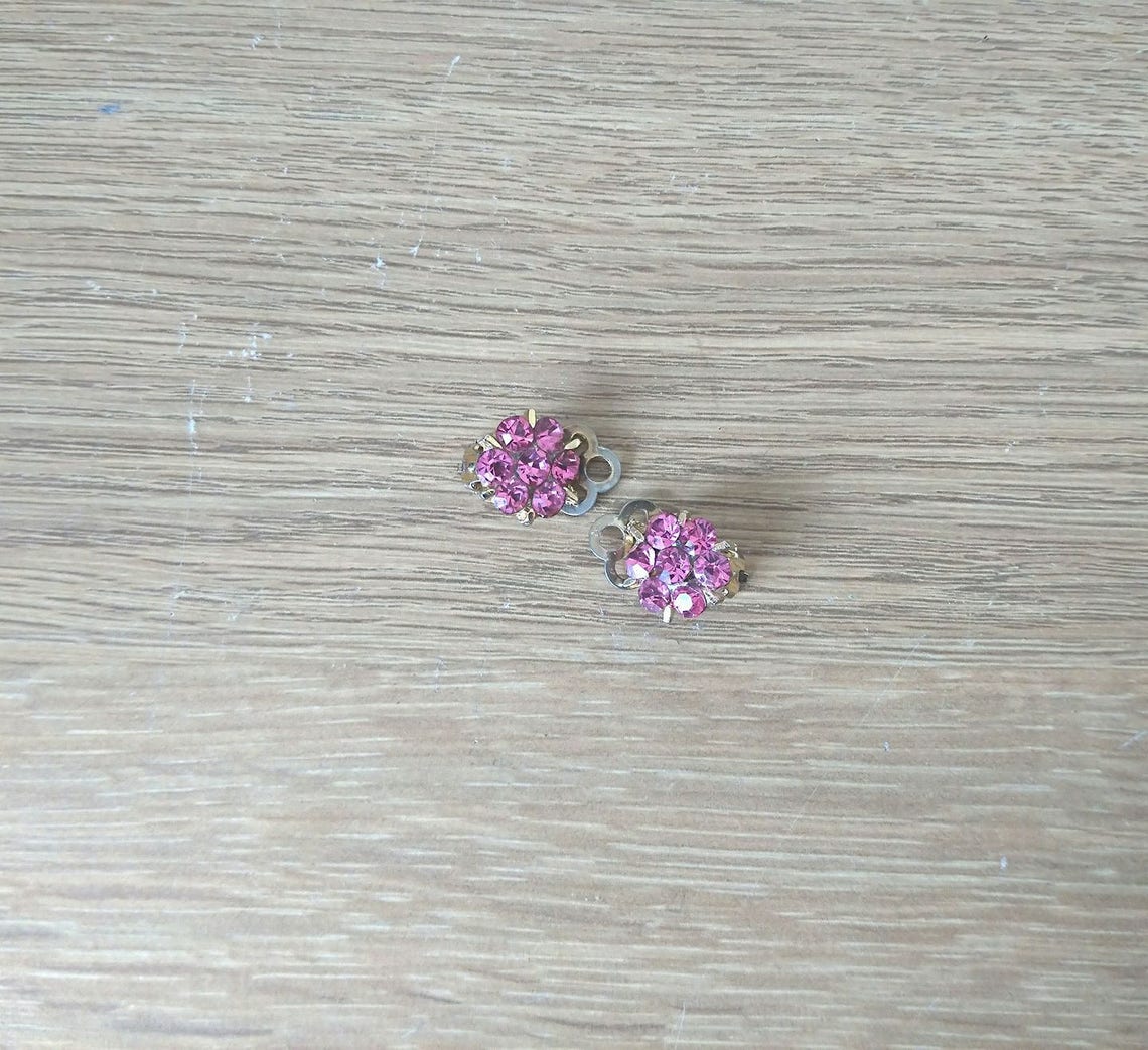 Vintage Earrings Clip on Pink Rhinestone Diamond Diamanté Gold - Etsy