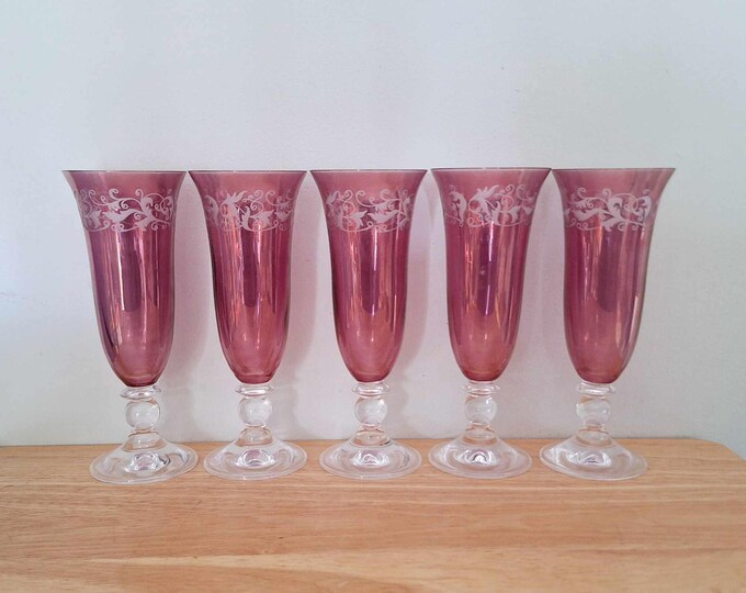 Set of 5 Vintage Iridescent Rose Pink Champagne Flutes – Etched White ...