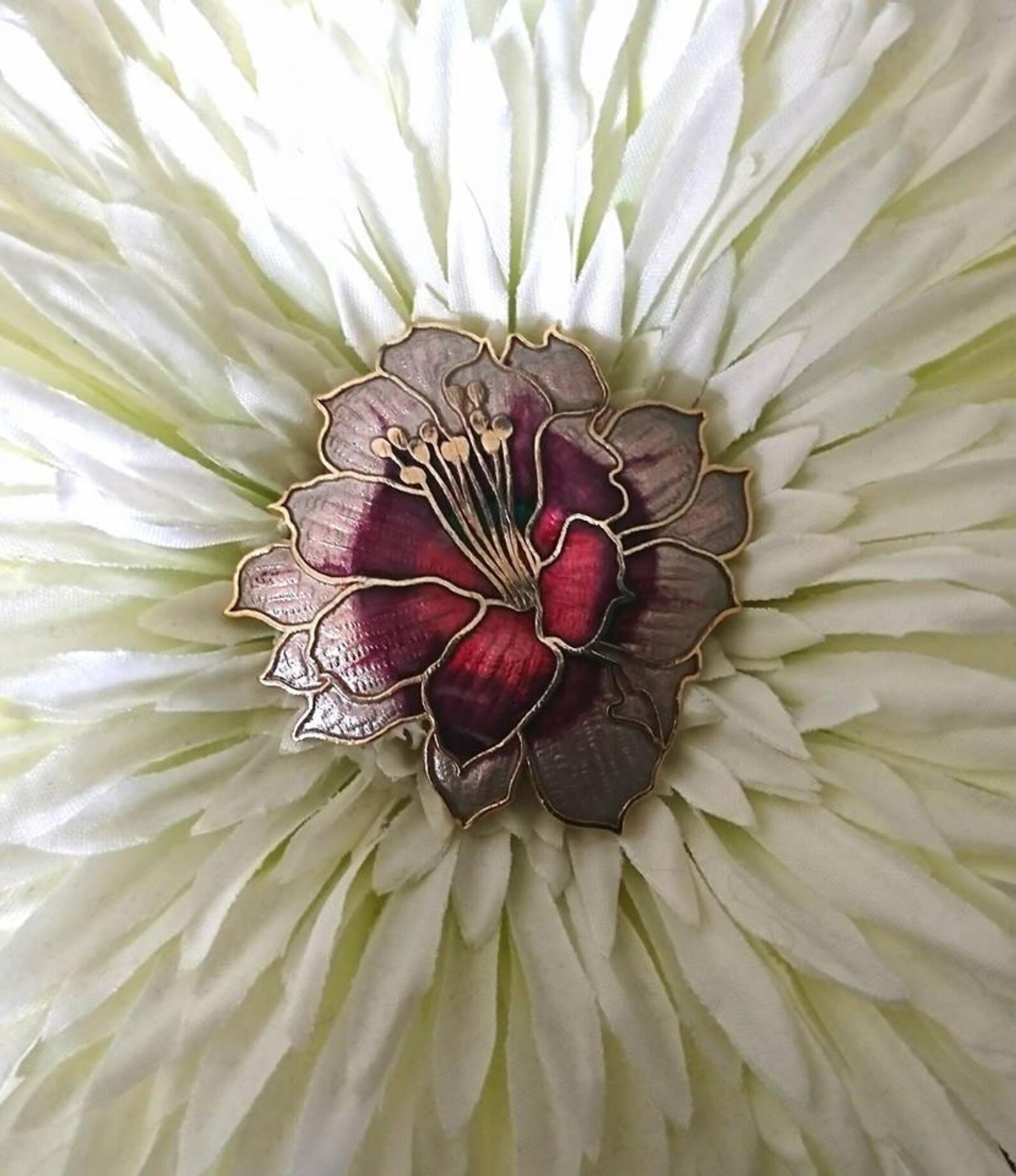 Vintage Flower Brooch Pin Cloisonné Enamel Red, Pink Costume Jewellery ...
