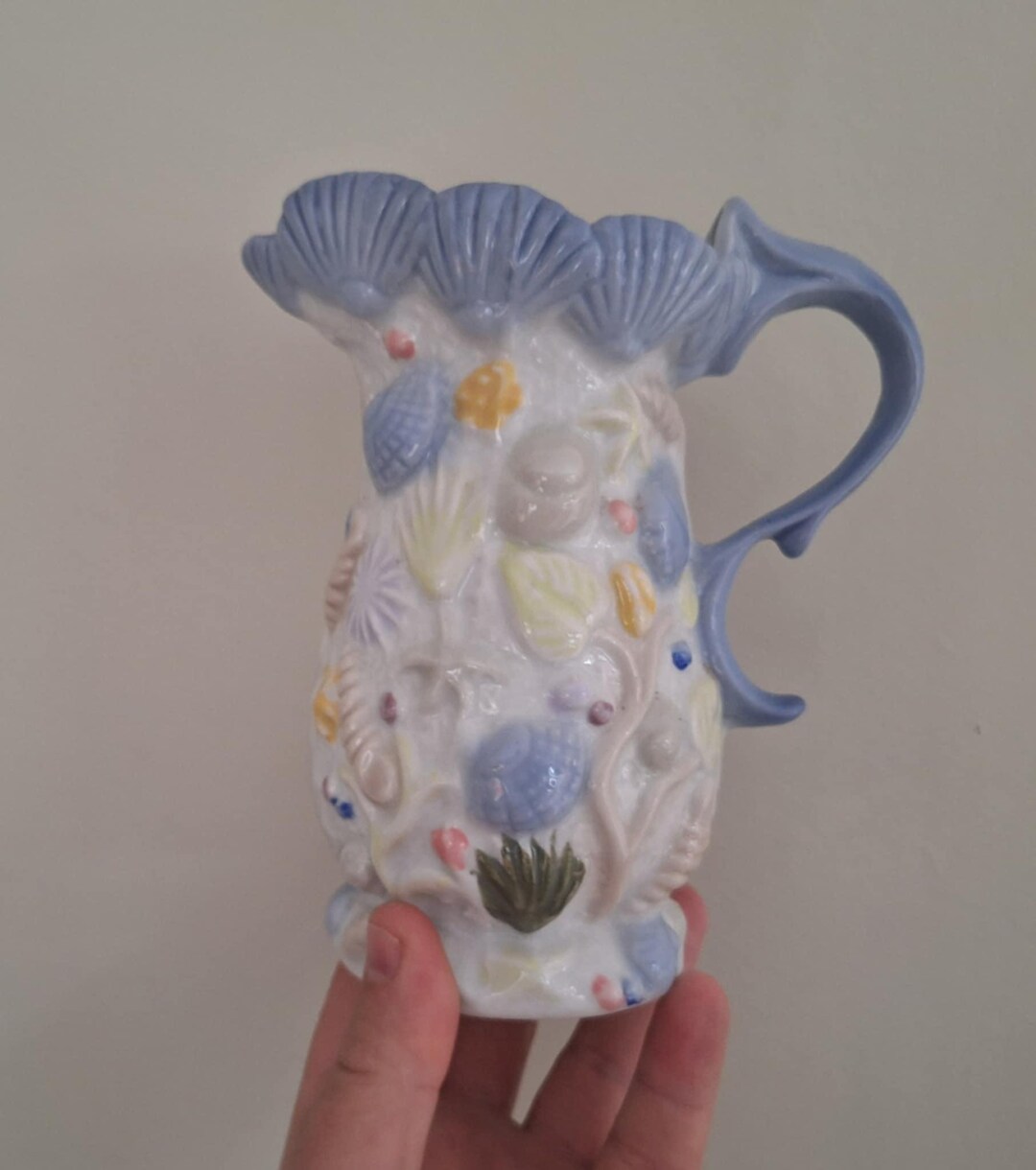 Hand Painted Ceramic Shell Jug – Pastel Seaside Design With Blue Handle ...